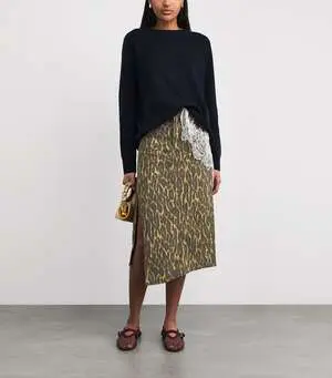 GANNI Leopard Denim Midi Skirt