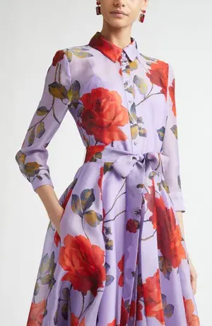 Carolina Herrera Rose Print Silk Organza Trench Gown