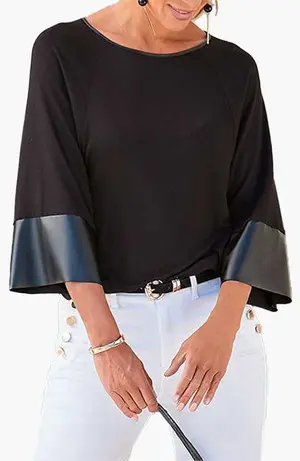 LASCANA Dolman Sleeve Leather Trim Top - Black