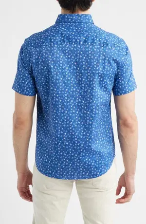 Johnston & Murphy Logan Airplane Print Short Sleeve Cotton Blend Button-up Shirt