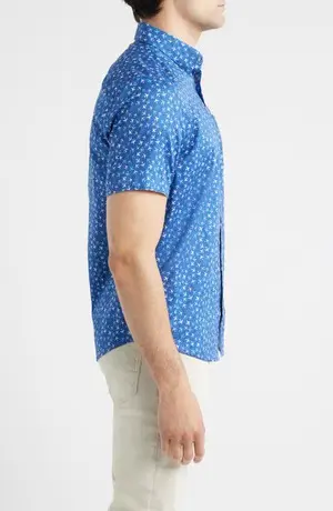 Johnston & Murphy Logan Airplane Print Short Sleeve Cotton Blend Button-up Shirt