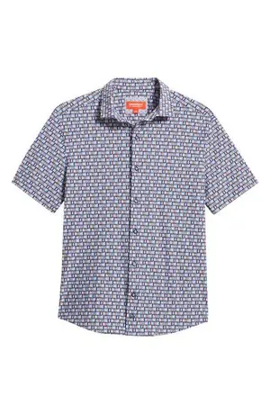 Johnston & Murphy Xc+™ Motion Geo Print Short-sleeve Performance Knit Button-up Shirt - Navy Surfboard