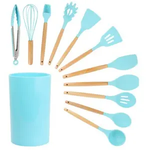 MEGACHEF Silicone And Wood Cooking Utensils - Light Teal