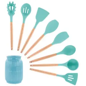 MEGACHEF Silicone And Wood Cooking Utensils - Light Teal