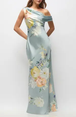 After Six Liv Print One-shoulder Gown - Mist Multi
