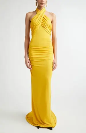 Carolina Herrera Crisscross Halter Gown - Saffron