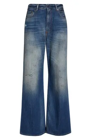Acne Studios Distressed And Dirtied Regular Fit Wide Leg Jeans - Mid Blue