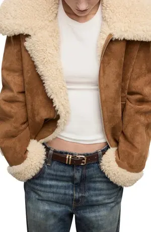 Mango Adriana Faux Suede & Faux Shearling Trim Jacket