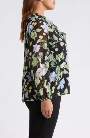 KASPER Floral Print Ruffle Blouse - Black Multi