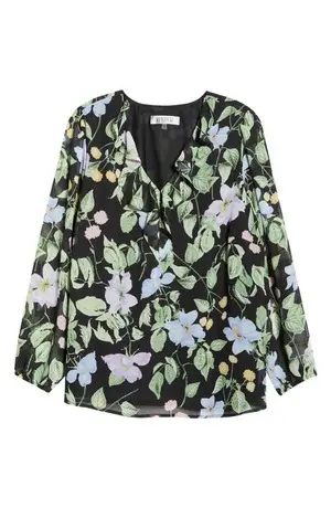 KASPER Floral Print Ruffle Blouse - Black Multi