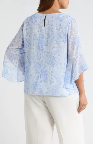KASPER Ruffle Sleeve Top - Paris Bleu Multi