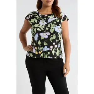 KASPER Floral Cowl Neck Cap Sleeve Top - Black Multi