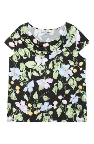 KASPER Floral Cowl Neck Cap Sleeve Top - Black Multi