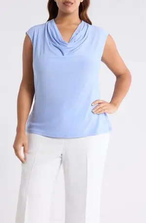KASPER Cowl Neck Cap Sleeve Top - Paris Bleu
