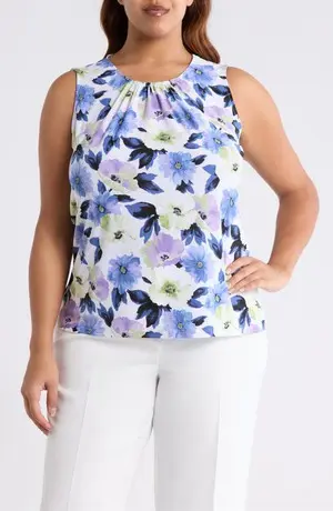 KASPER Floral Print Shirred Shell