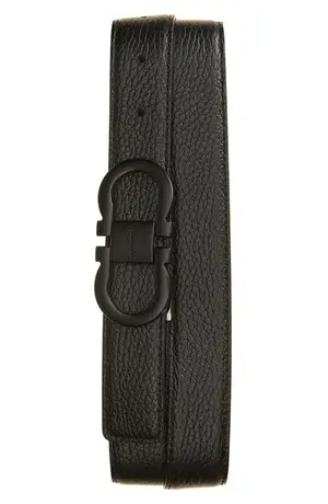 FERRAGAMO Double Gancio Reversible Leather Belt Nero Hickory