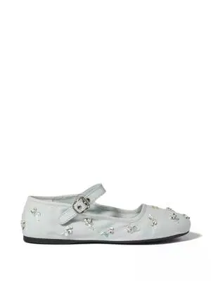 Miu Miu Embroidered Drill Ballerinas With Crystal Floral Embellishments - Green