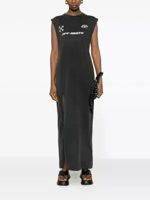 Off-White Marble-effect Logo-print Sleeveless Maxi Dress