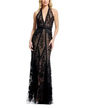 Dress The Population Devin Embroidered Halter Dress - Black-nude