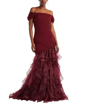 Tadashi Shoji Vail Shutter-pleated Crepe And Organza Gown - Cinnamon
