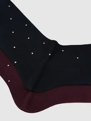 REISS Cotton Blend Polka Dot Socks 2 Pack - Navy/bordeaux