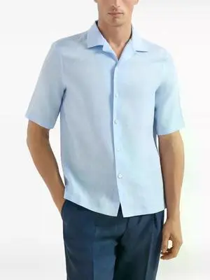 Brunello Cucinelli Linen Easy Fit Short-sleeve Shirt With Camp Collar - Blue