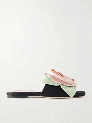 Simone Rocha Floral-appliquéd Satin Slides - Black
