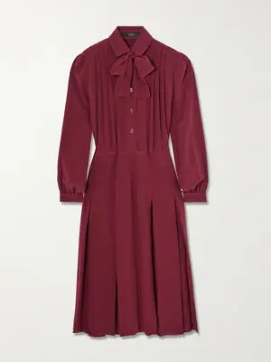 Gucci Pintucked Bow-detailed Silk Crepe De Chine Midi Shirt Dress - Burgundy