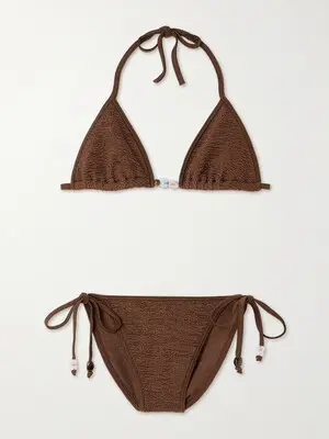 Hunza G Gina Bead-embellished Crinkle Bikini - Brown