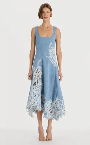 Oscar De La Renta Embroidered Denim Midi Dress