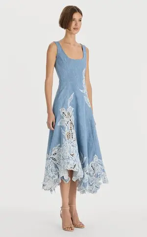 Oscar De La Renta Embroidered Denim Midi Dress