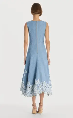 Oscar De La Renta Embroidered Denim Midi Dress