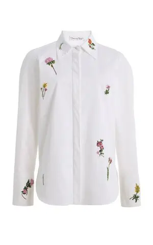 OSCAR DE LA RENTA Botanical Embroidered Stretch-Twill Shirt