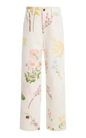 Oscar De La Renta Botanical Cotton-denim Straight-leg Pants - Floral