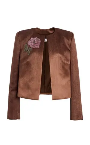 Oscar De La Renta Embroidered Floral Satin Jacket - Brown