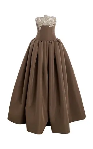 Oscar De La Renta Embroidered Silk Ball Gown - Taupe