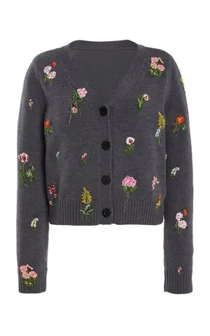 Oscar De La Renta Embroidered Wool Cardigan - Dark Grey
