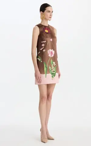Oscar De La Renta Botanical Satin Mini Dress - Brown