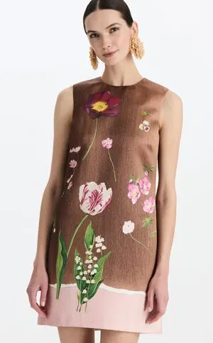 Oscar De La Renta Botanical Satin Mini Dress - Brown