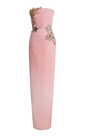 Oscar De La Renta Beaded Florals Faille Gown - Pink