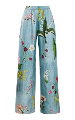 Oscar De La Renta Mixed Botanical Silk-twill Wide-leg Pants - Blue