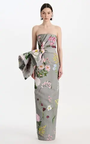 Oscar De La Renta Mixed Botanical Print Faille Column Gown