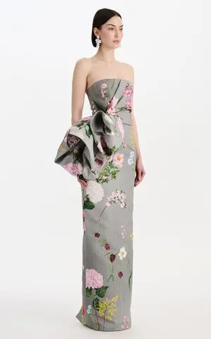 Oscar De La Renta Mixed Botanical Print Faille Column Gown