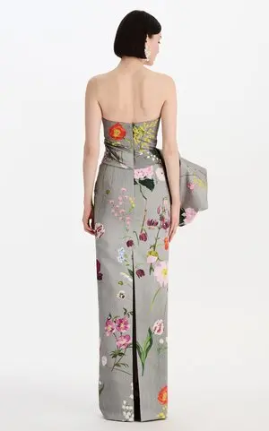 Oscar De La Renta Mixed Botanical Print Faille Column Gown
