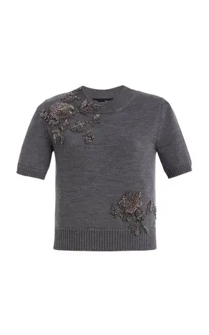 Oscar De La Renta Beaded Wool Top - Dark Grey