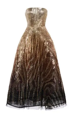 Oscar De La Renta Sequined Moire Ombre Maxi Dress - Gold