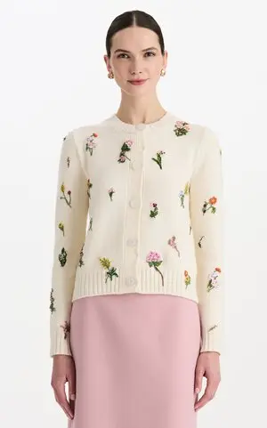 Oscar De La Renta Threadwork Floral Wool Cardigan