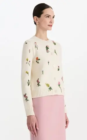Oscar De La Renta Threadwork Floral Wool Cardigan
