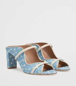MALONE SOULIERS Norah Floral Denim Heeled Sandals - Blue