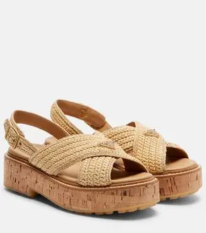 Prada Crochet Raffia-effect Slingback Sandals - Beige